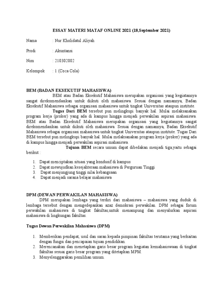 Contoh Essay Ospek | PDF | Karier & Perkembangan