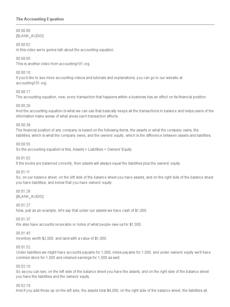 Unit 1 Accounting Equation Transcript | PDF | Balance Sheet | Equity ...