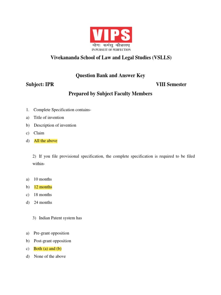 Understanding Intellectual Property Rights: A Question Bank and Answer ...