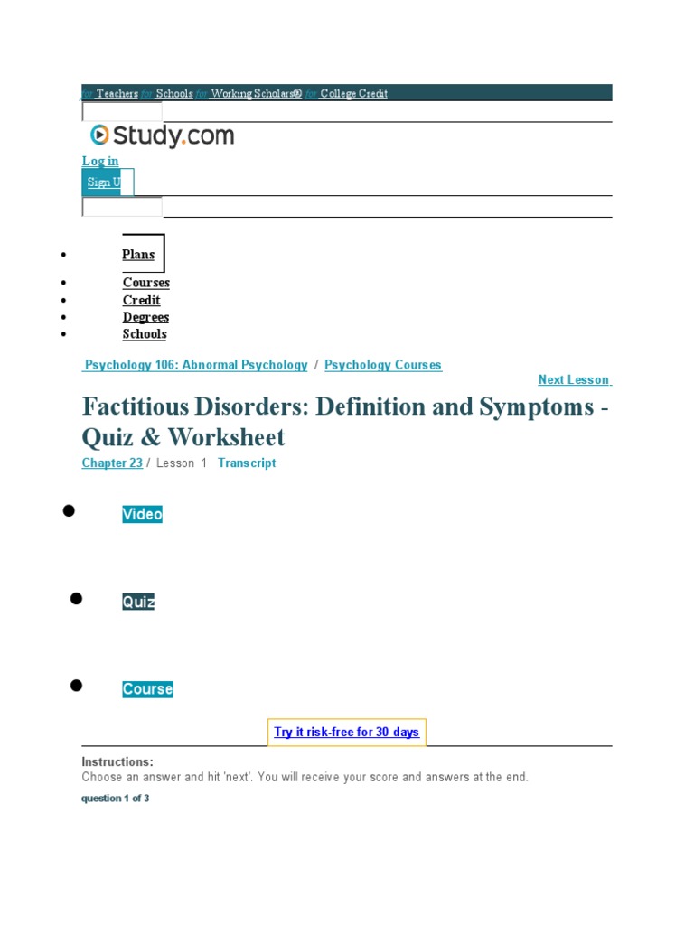 Factitious Disorders: Definition and Symptoms - Quiz & Worksheet ...
