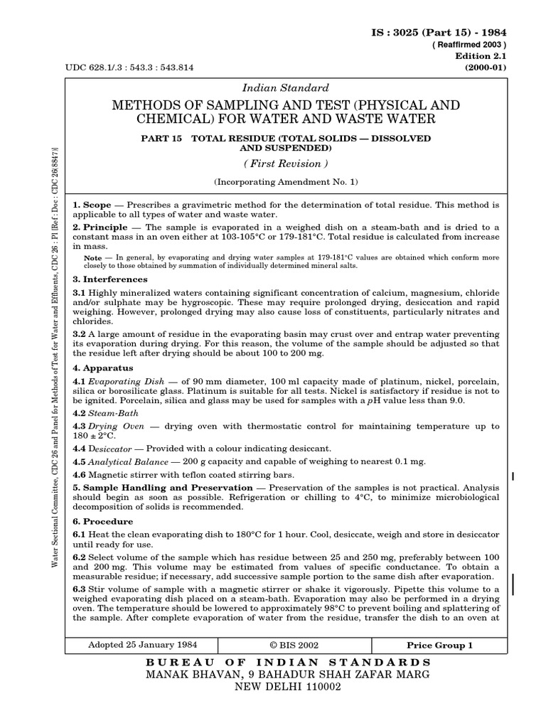 Methods of Sampling and Test (Physical and Chemical) For Water and ...