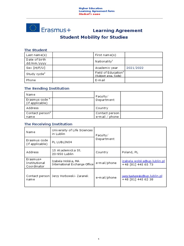 Learning Agreement Student Mobility For Studies | PDF | Learning ...