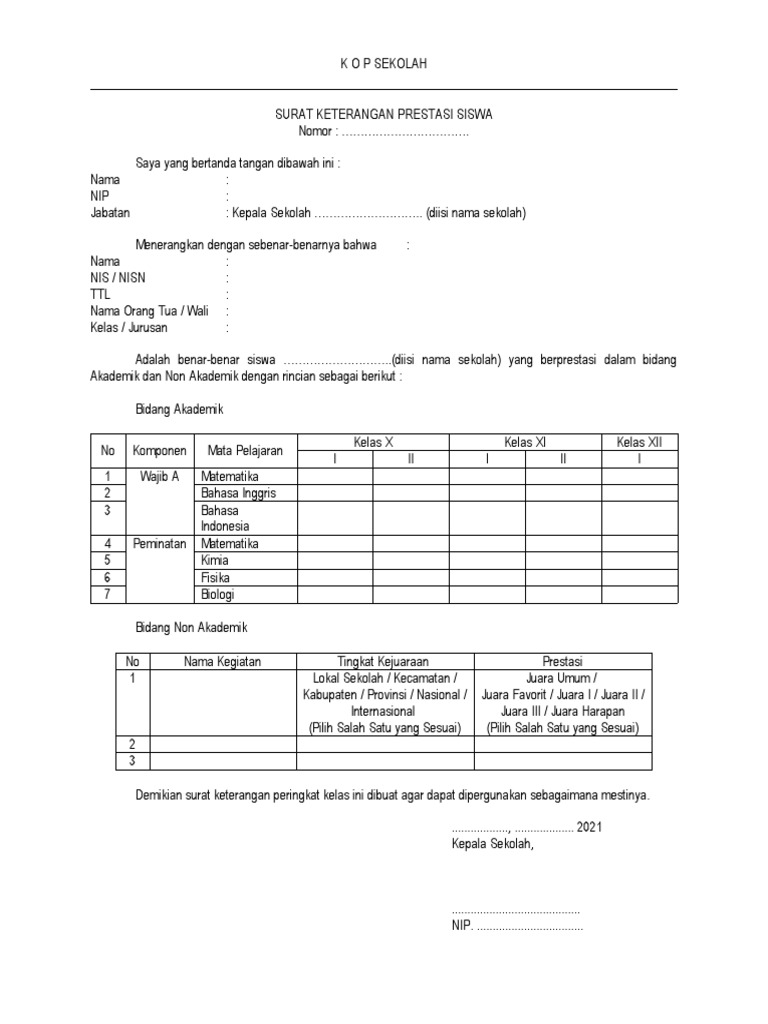 Form Surat Keterangan Prestasi Kepala Sekolah 2021 | PDF