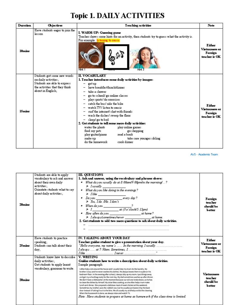 Topic 1. Daily Activities: Listening To Music | PDF | Vocabulary ...