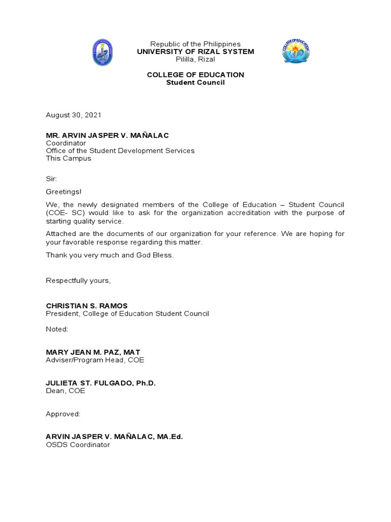 (2021) COE-SC Application Letter For Accreditation | PDF