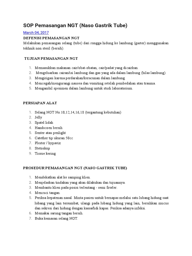 SOP Pemasangan NGT | PDF