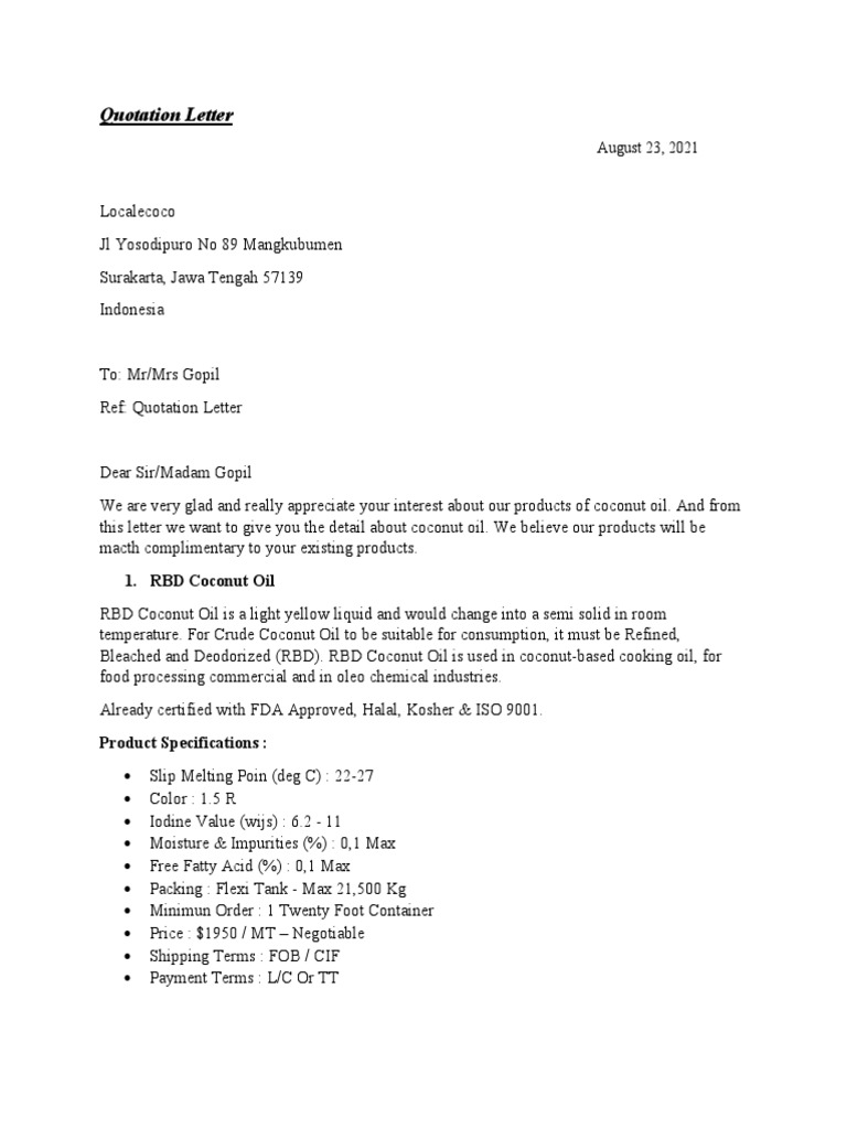 Quotation Letter | PDF | Coconut Oil | Oil