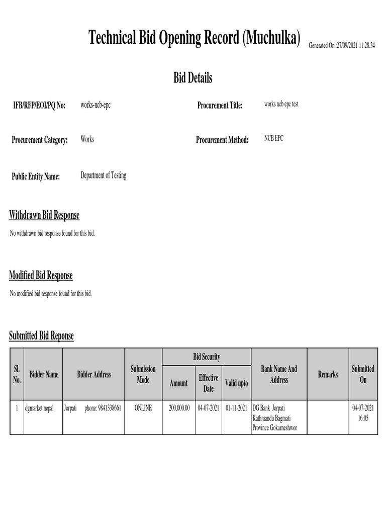 Technical Bid Opening Record (Muchulka) | PDF
