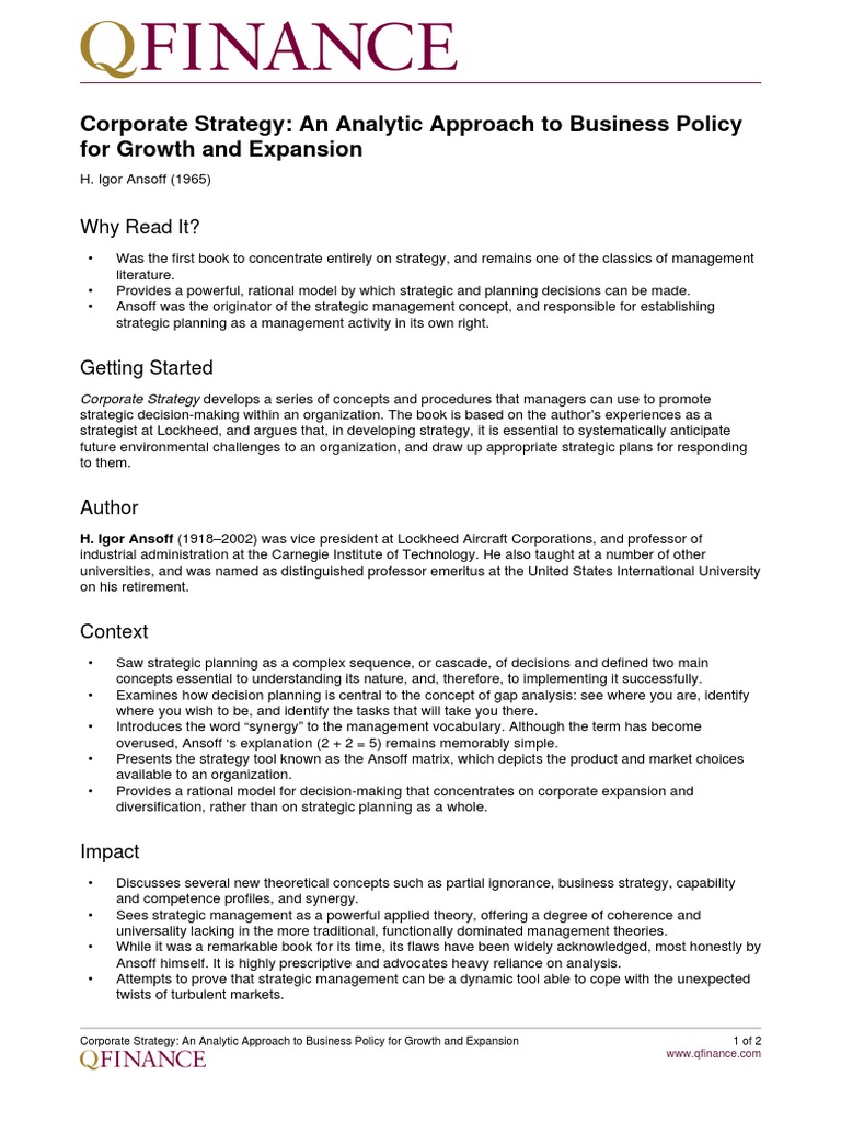 Corporate Strategy: An Analytic Approach To Business Policy For Growth ...