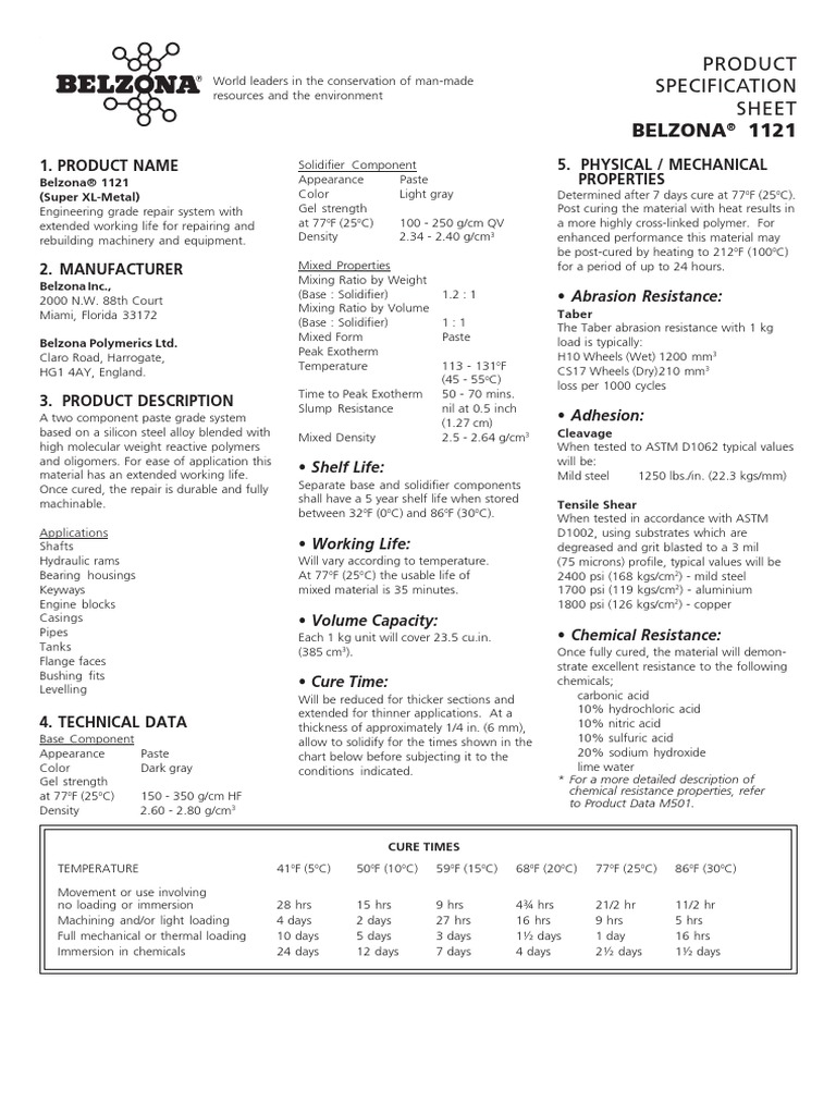 Belzona 1121: Product Specification Sheet | PDF | Density | Human ...