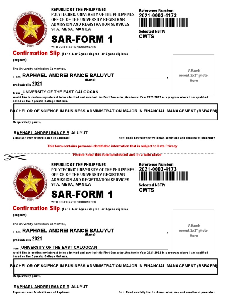 Sar-Form 1: Confirmation Slip | PDF | Notary Public | Hypertension