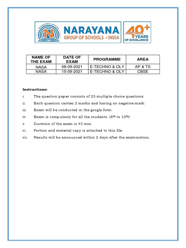 NASA EXAM PREPARATION TOPICS For 6th To 10th | PDF | Solar System | Planets