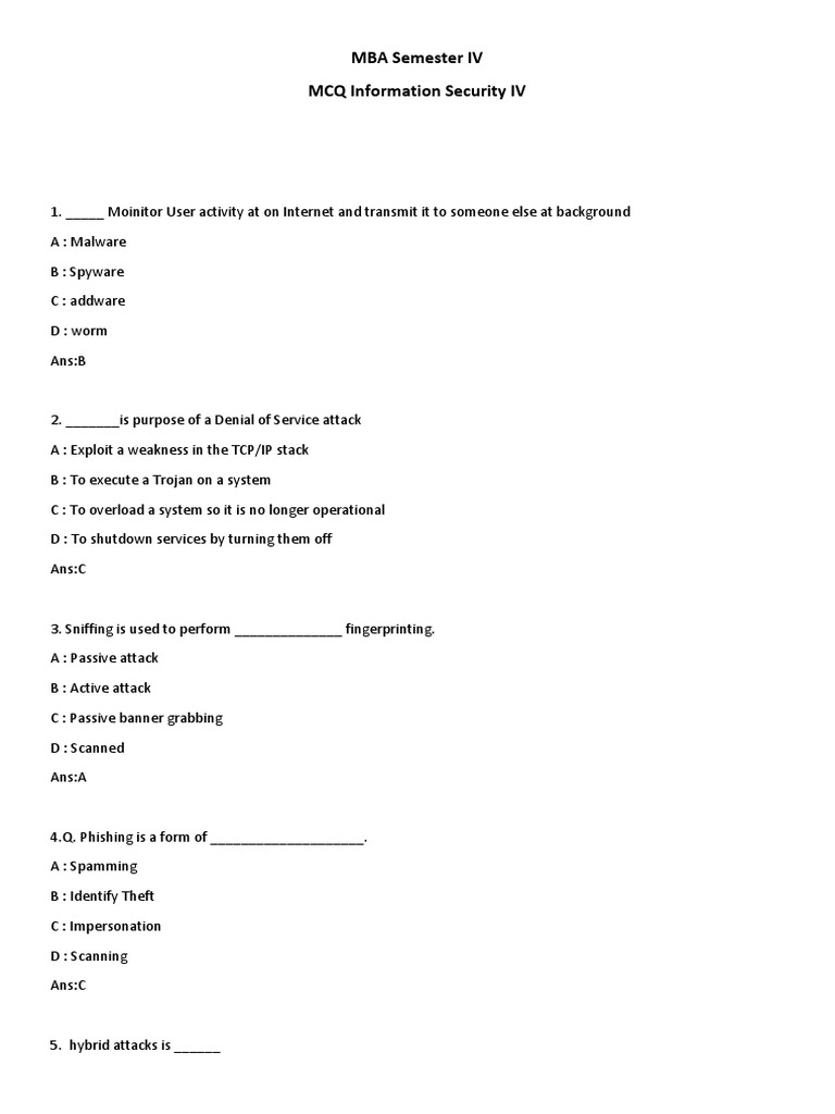 MBA Semester IV MCQ Information Security IV | PDF | Cryptography | Encryption