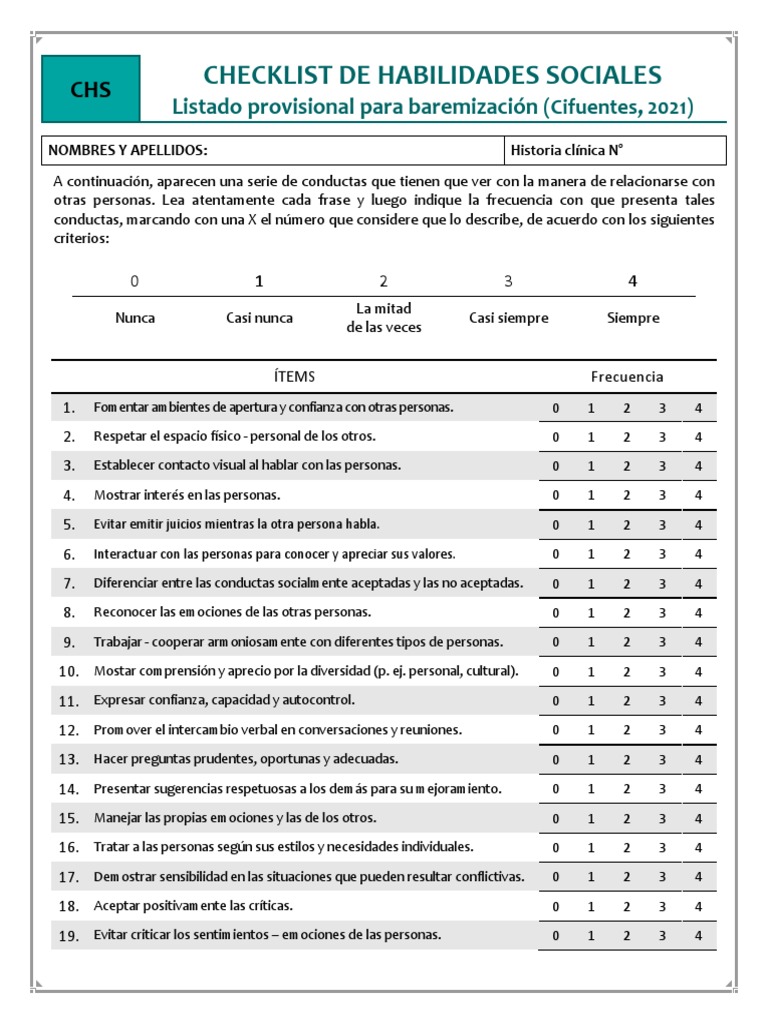 Checklist de Habilidades Sociales (Cifuentes, 2021) P | PDF | Conceptos ...