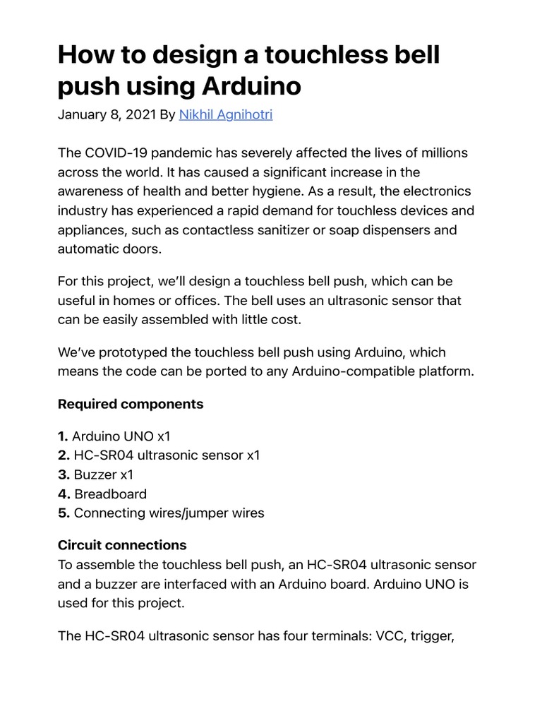 How To Design A Touchless Bell Push Using Arduino | PDF | Arduino | Ultrasound