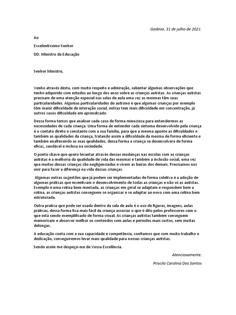 Carta Autista | PDF | Autismo | Aprendizado