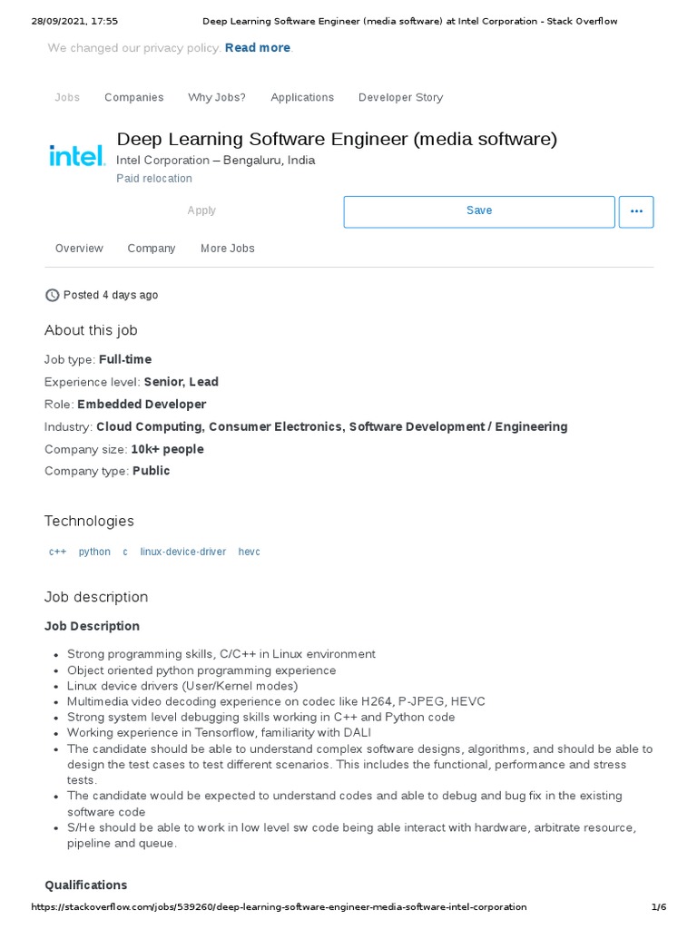 Deep Learning Software Engineer (Media Software) at Intel Corporation - Stack Overflow | PDF ...