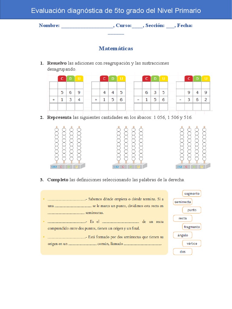 Evaluacion Diagnostica de 5to Primaria Mat | PDF
