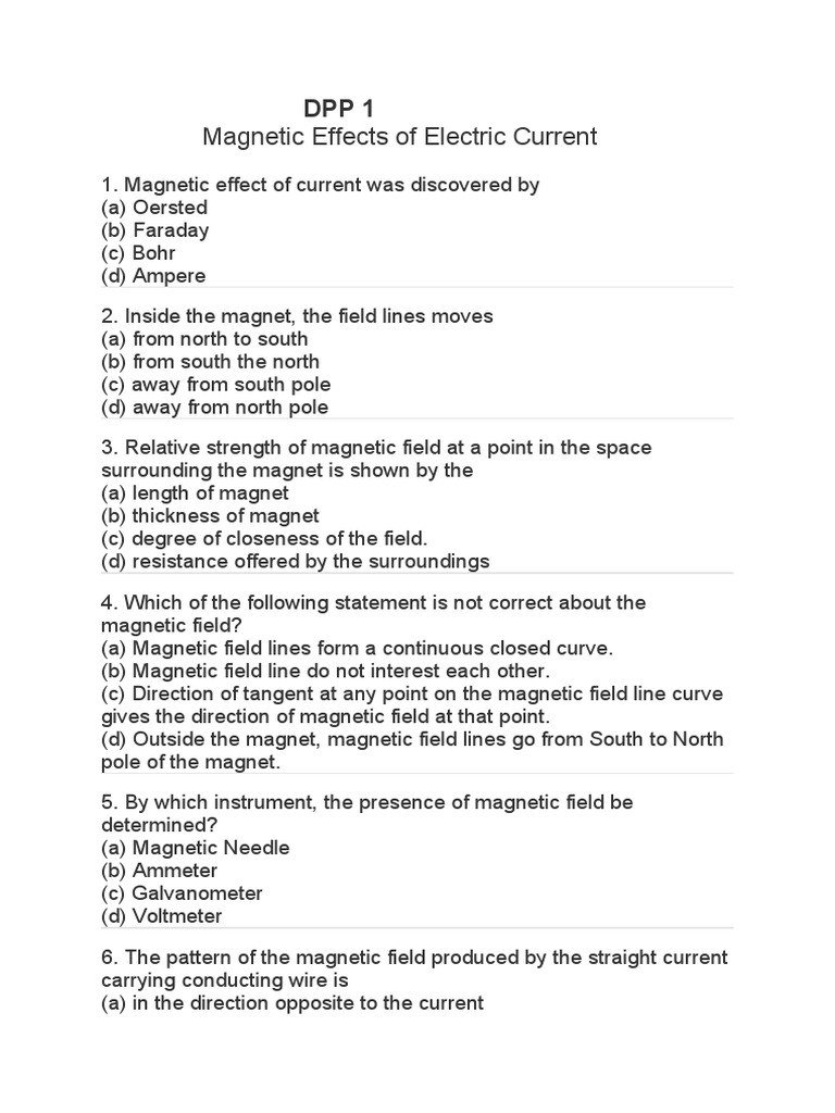 Class 10 Science MCQs Chapter 13 Magnetic Effects of Electric Current DPP1 | PDF | Inductor ...