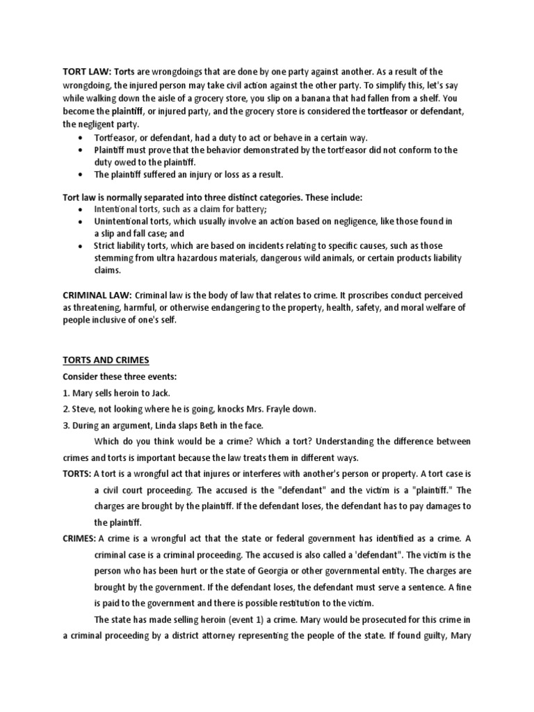 Tort Law:: Intentional Torts, Such As A Claim For Battery | PDF | Tort ...