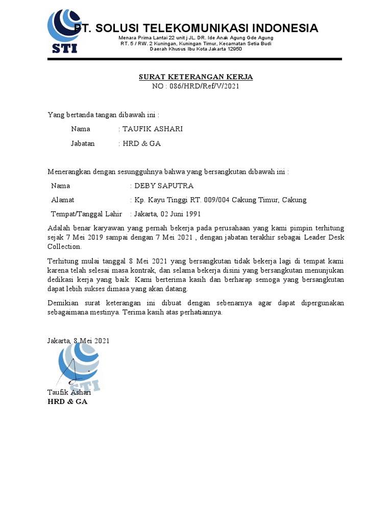 Surat Keterangan Kerja | PDF