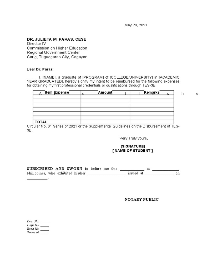 TES-Form-Notarized Letter of Intent To Be Reimbursed | PDF