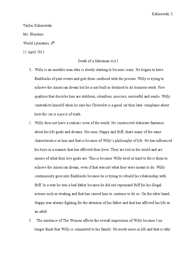 Act 1 Summary of Death of a Salesman | PDF