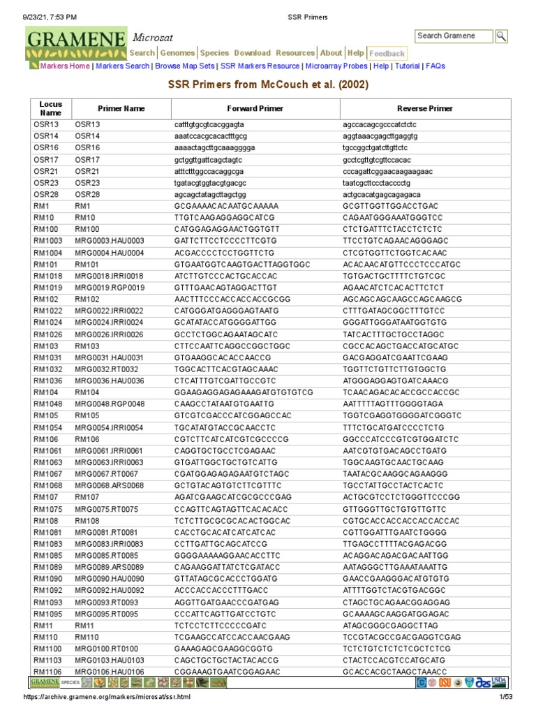 SSR Primers and Markers Overview | PDF | Molecular Biology | Dna
