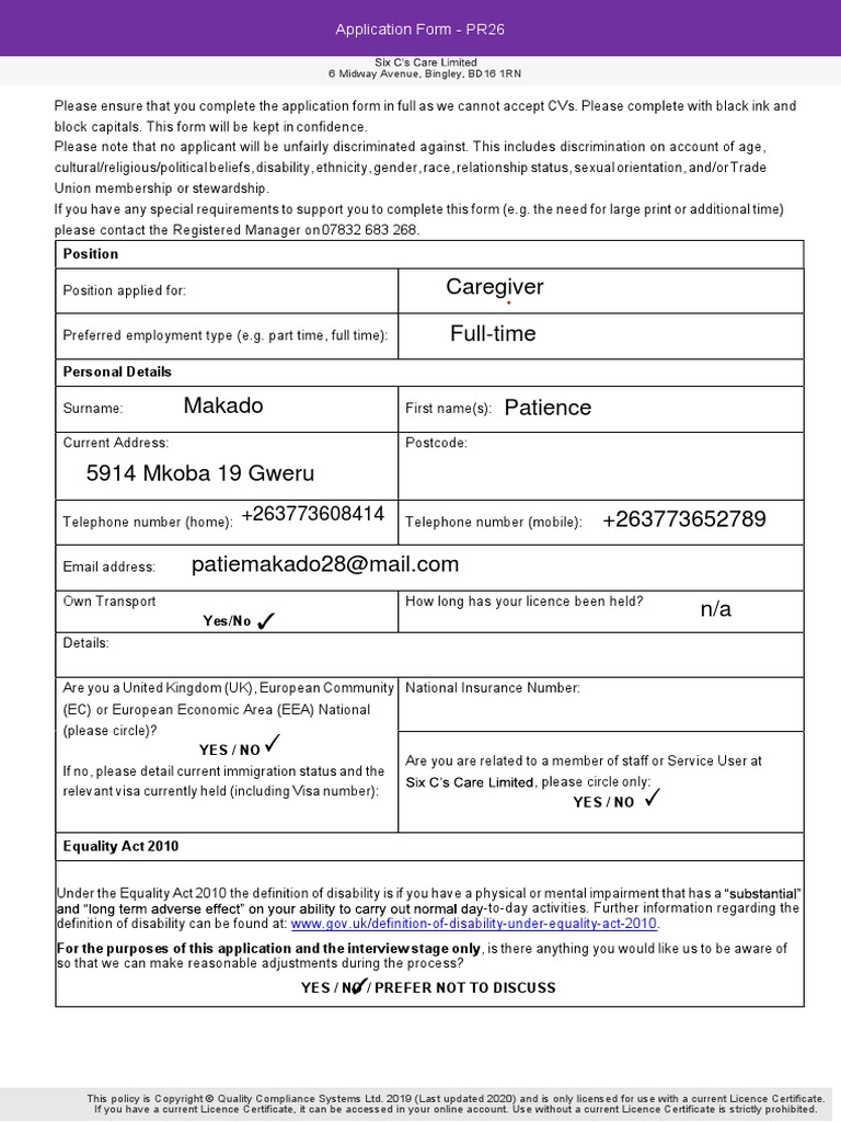 Six Cs Care Application Form Version1 1 | PDF | License | Discrimination