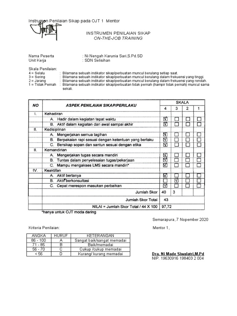 Instrumen Penilaian Sikap Pada OJT Untuk Mentor (OJT 1) | PDF