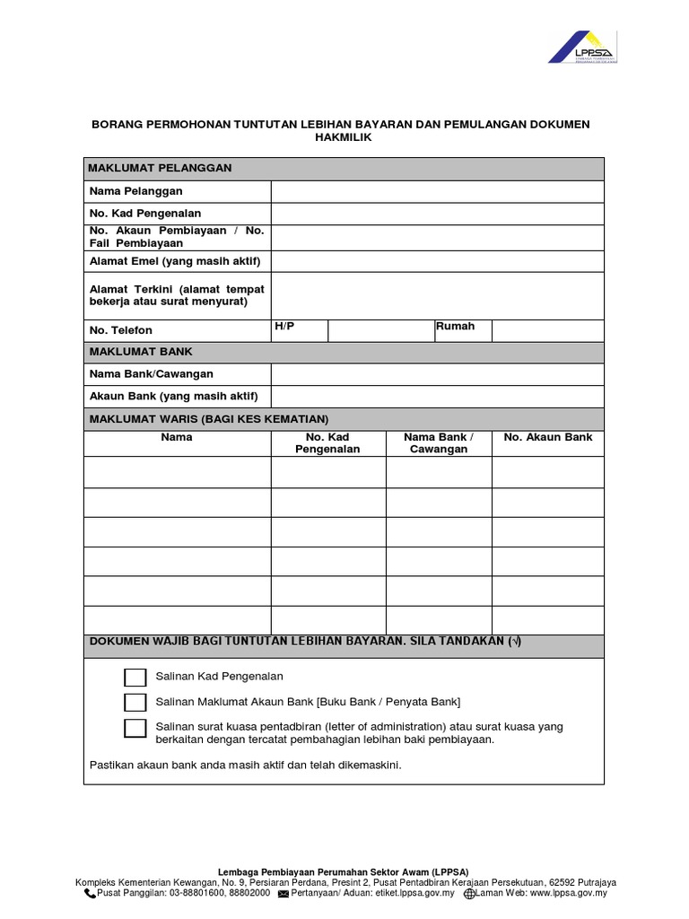 Borang Permohonan Tuntutan Lebihan Bayaran Dan Pemulangan Dokumen Hakmilik | PDF