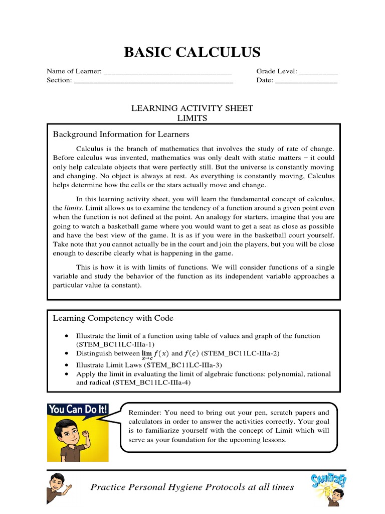 Basic Calculus: Learning Activity Sheet Limits Background Information ...