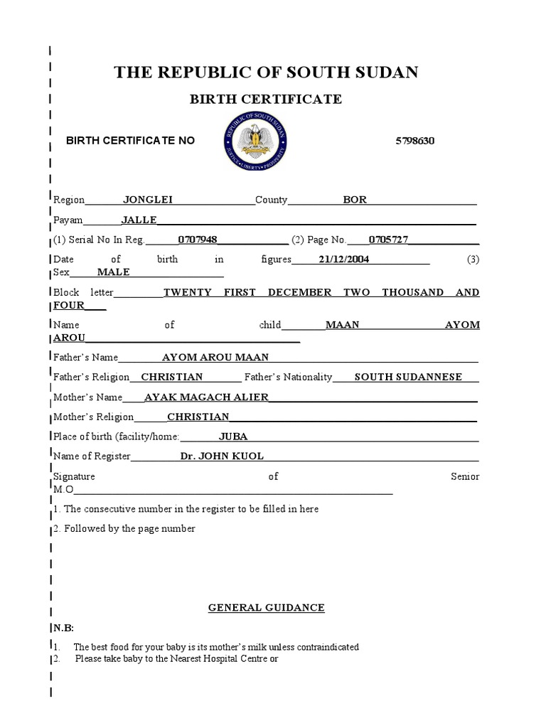 The Republic of South Sudan: Birth Certificate | PDF
