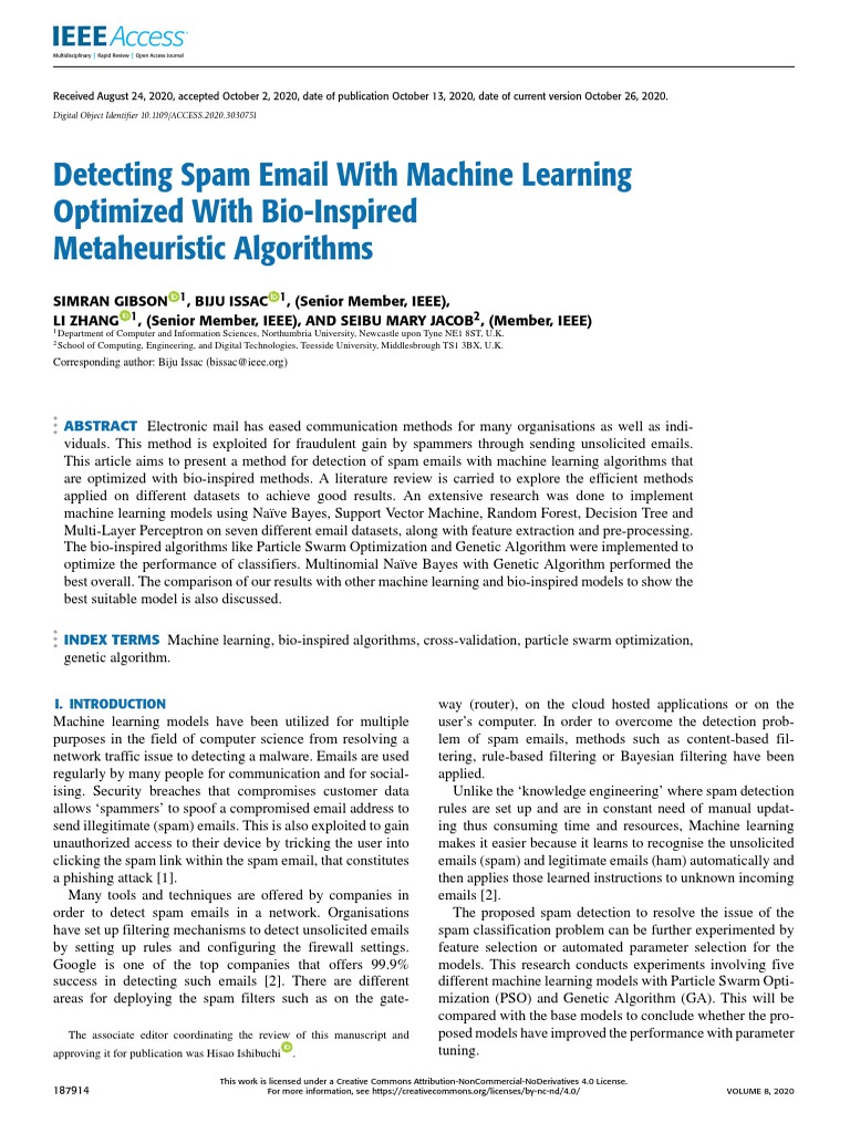 Detecting Spam Email With Machine Learning Optimized With Bio Inspired Metaheuristic Algorithms 9361