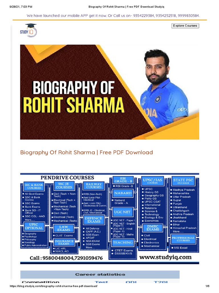 Biography of Rohit Sharma - Free PDF Download Studyiq | PDF ...