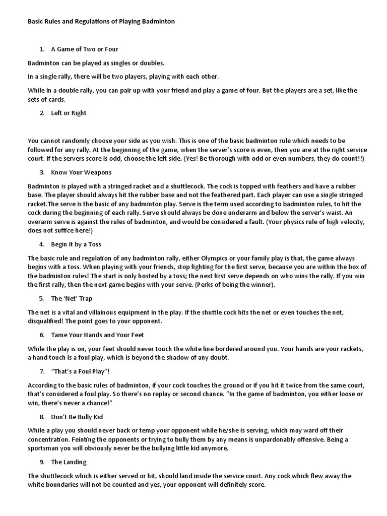 Basic Rules and Regulations of Playing Badminton | PDF | Racquet Sports ...