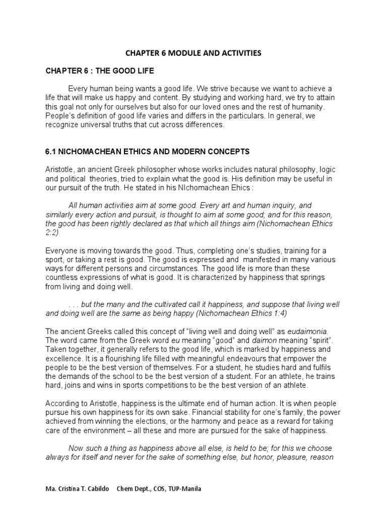 Chapter 6 Module and Activities: Chapter 6: The Good Life | PDF ...