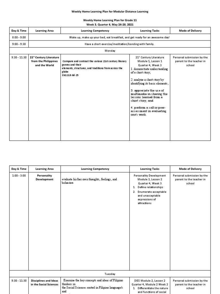 Weekly Home Learning Plan Quarter 4 Week 3 | PDF | Learning | Teachers
