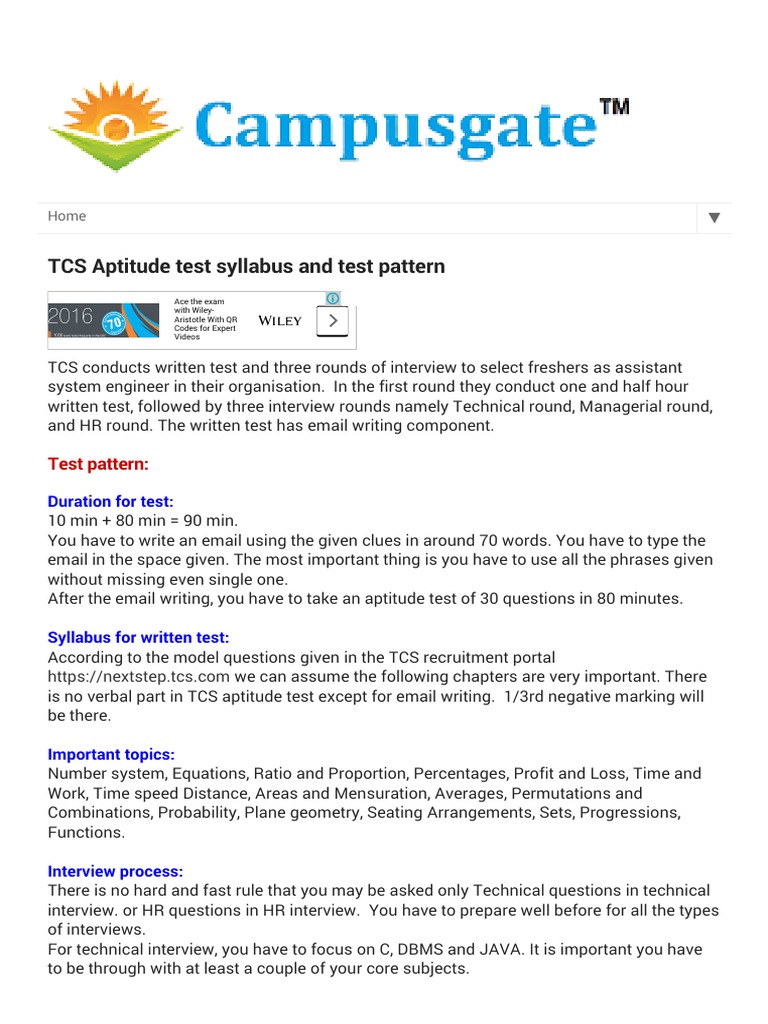 TCS Aptitude Test Syllabus and Test Patern | PDF | Career & Growth ...
