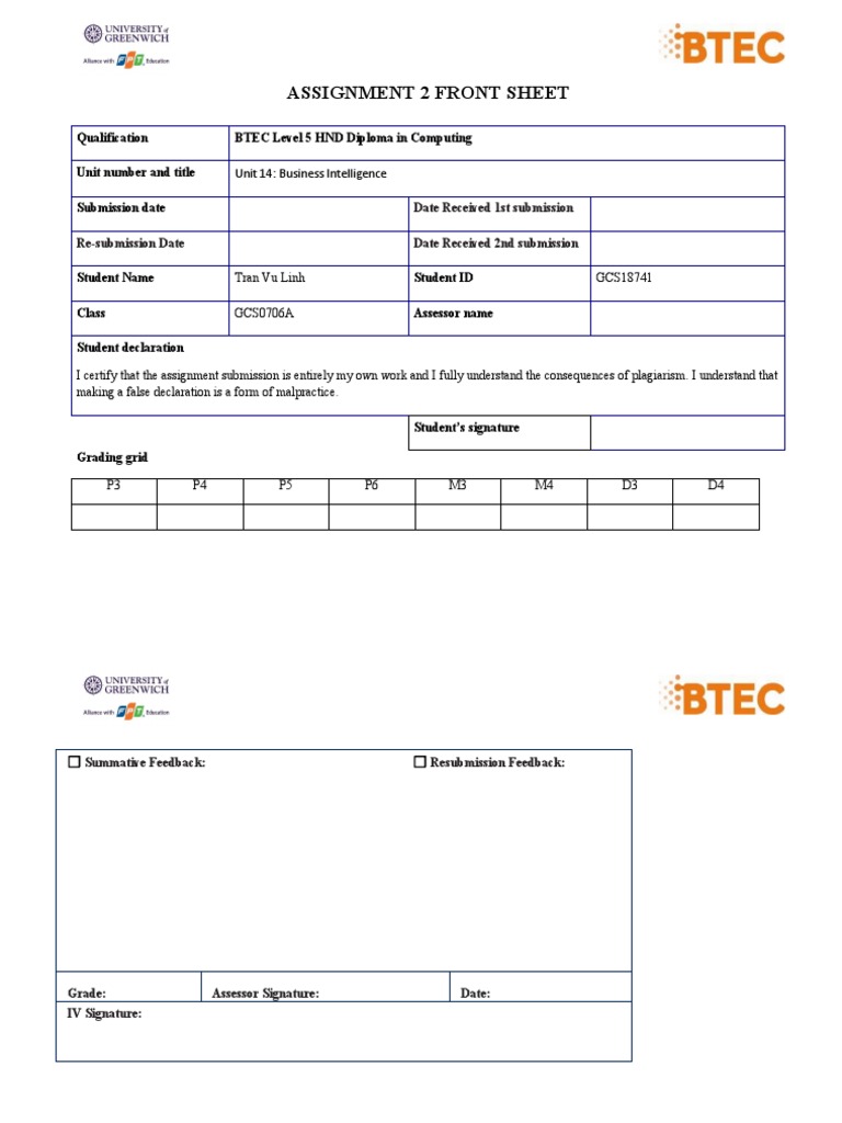 Unit 14 - Assignment 2 Frontsheet | PDF