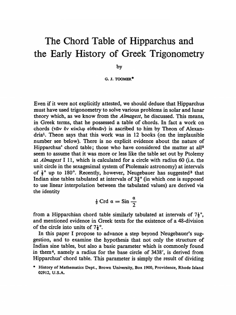 The Chord Table of Hipparchus and Early History of Greek Trigonometry ...