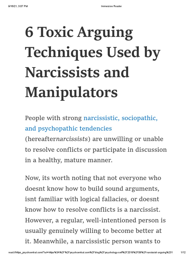 6 Toxic Arguing Techniques Used by Narcissists and Manipulators | PDF | Bullying | Narcissism