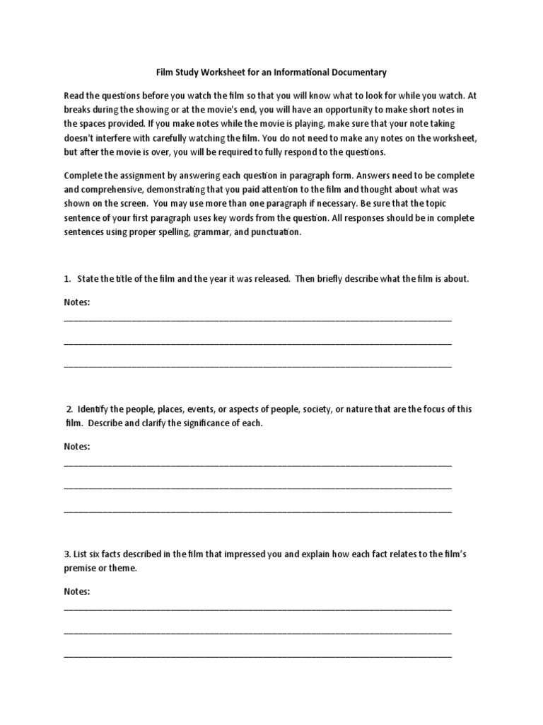 Film Study Worksheet For An Informational Documentary | PDF | Paragraph ...
