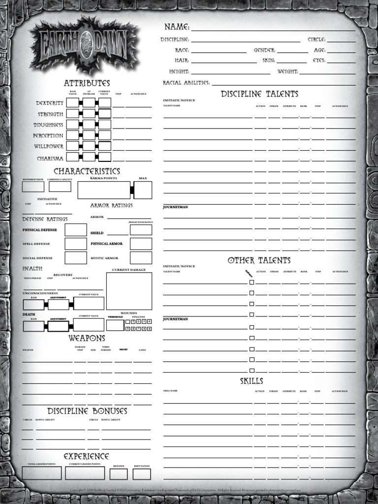 Earthdawn Character Sheet 3e | PDF | Gaming | Tabletop Games