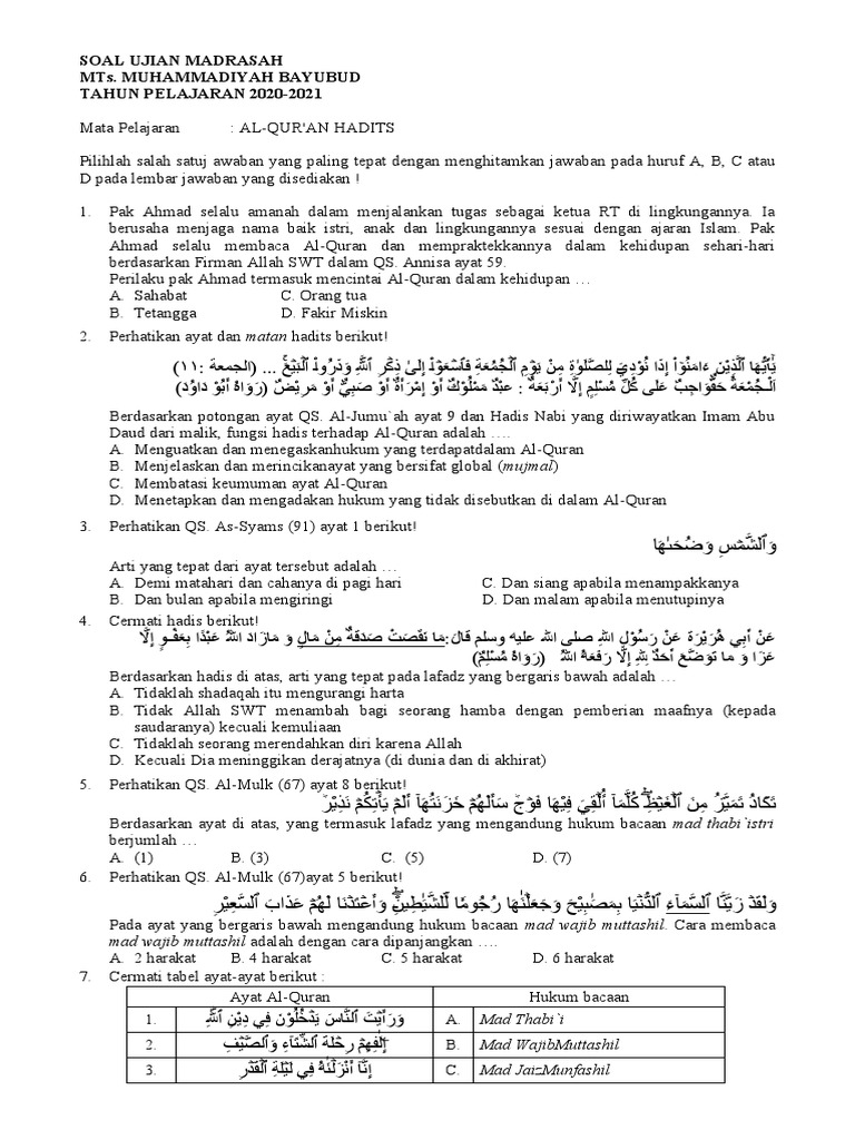 Soal UM Al-Quran Hadits Tahun 2021 | PDF