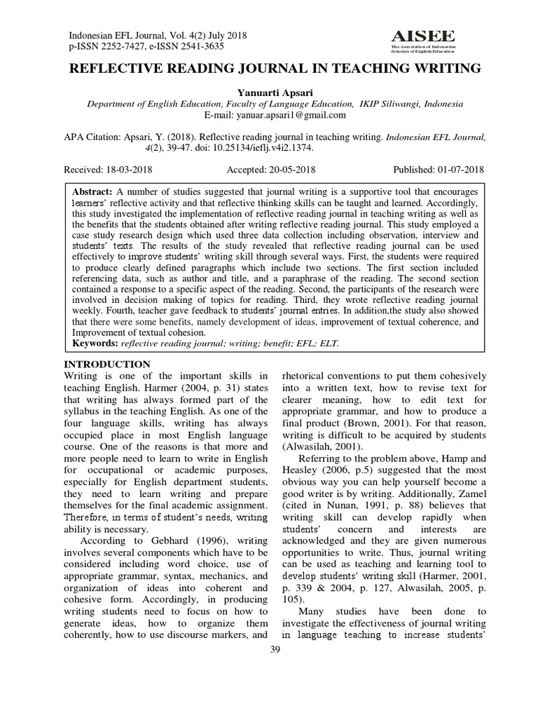 Reflective Reading Journals in Writing | PDF | English As A Second Or ...