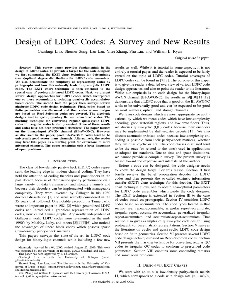Design of LDPC Codes: A Survey and New Results | PDF | Low Density ...