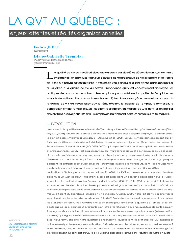 QVT au Québec : Enjeux et Pratiques | PDF | Qualité de vie | Québec