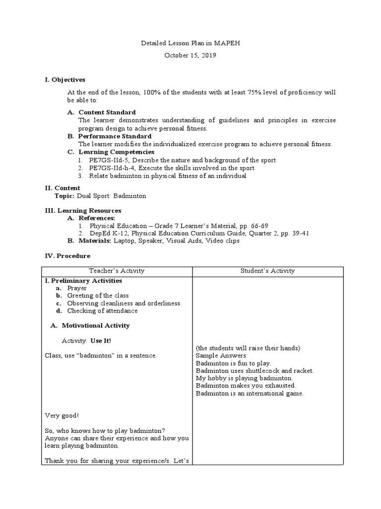 Badminton Basics: A Detailed Lesson Plan on the Fundamentals of ...