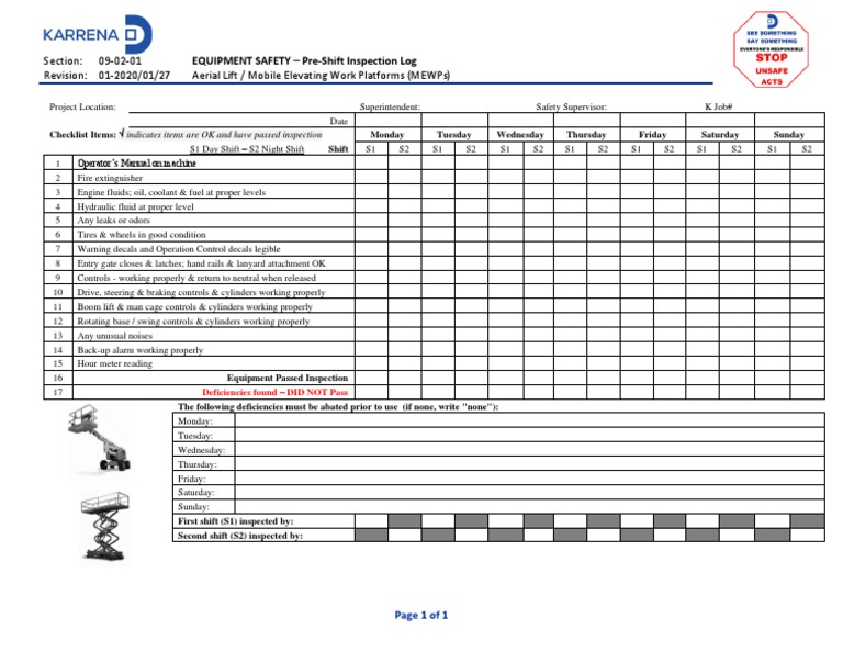 09-02-01 Aerial Lift Daily Inspection Log | PDF